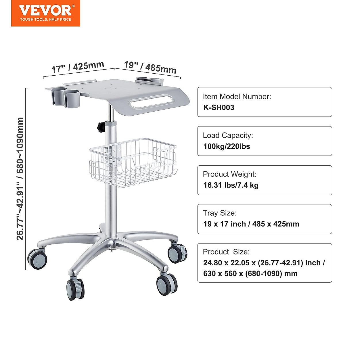 VEVOR Medical Cart Mobile Trolley Cart with Wheels 29.5"-41.3" Height Adjustable Stainless Steel Dental Cart Rolling Desktop Lab Cart with 16.5"× 15.7" Large Tabletop