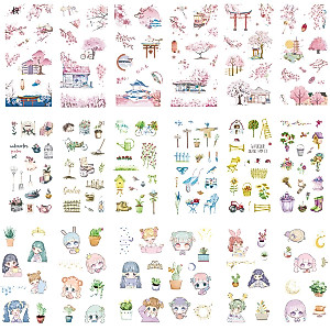 Kawaii Stationery Sticker Set Pink Cherry Blossom Household Gardening Tool Cute Girl Flower Succulent Plants Cactus DIY Labels for Diary Scrapbooking Planner Art Craft Journaling Collage Journal