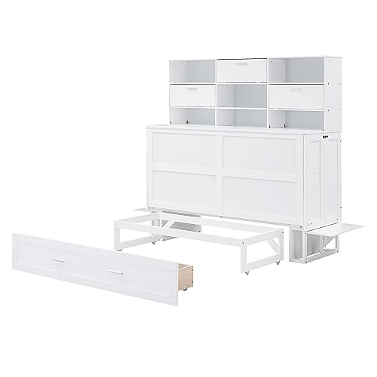 DEYOBED Queen Size Murphy Bed - Features Bookcase, Bedside Shelves, and Spacious Drawer - Space-Saving Solution for Guest Room or Home Office - White