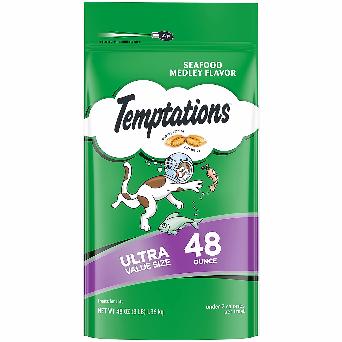 Temptations Classic Crunchy and Soft Cat Treats Seafood Medley Flavor, 48 oz. Pouch