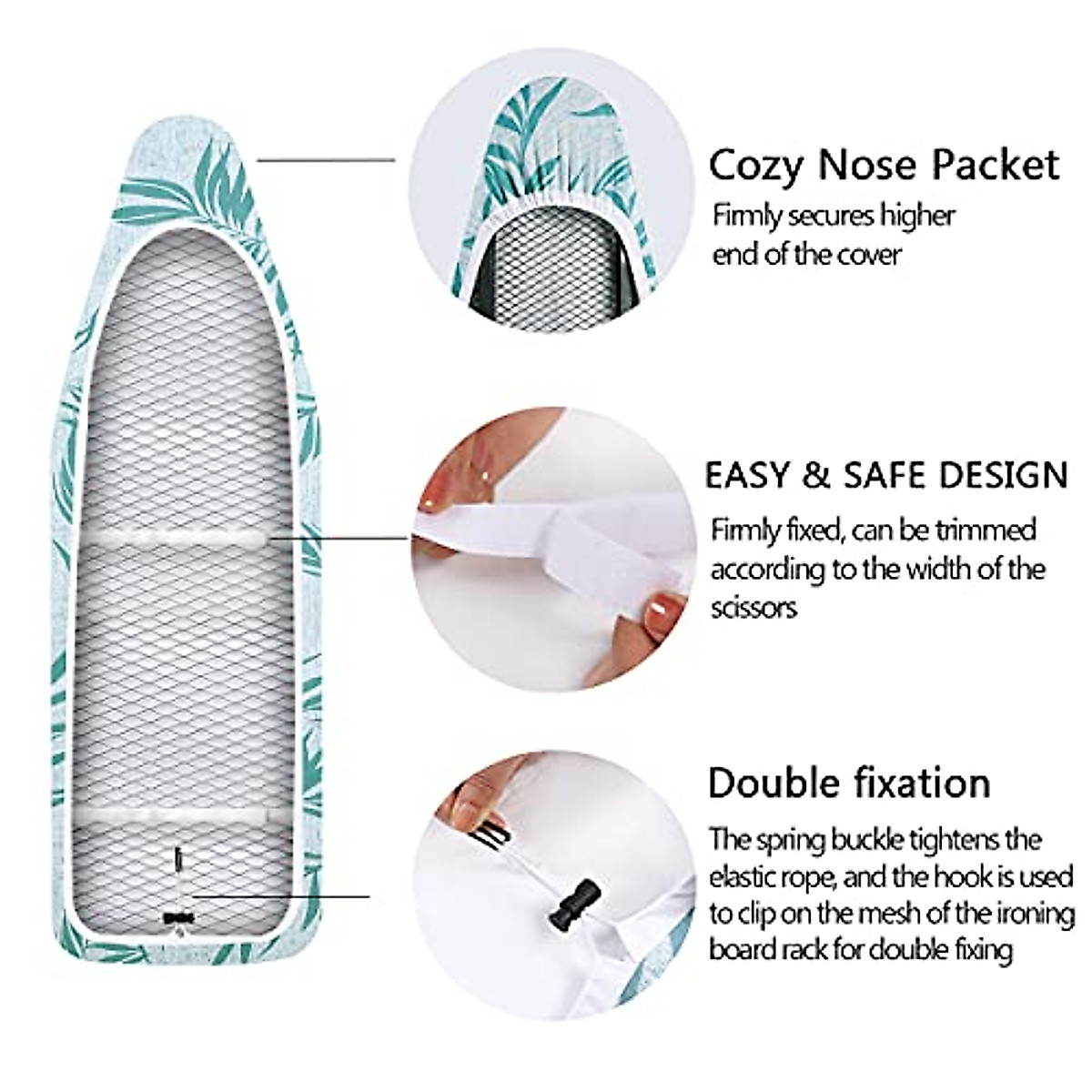 MZXcuin 15" x 54" Ironing Board Cover and pad, Extra Thick Cotton Iron Cover with Padding Heat Reflective Heavy Duty Pad, Green Leaves