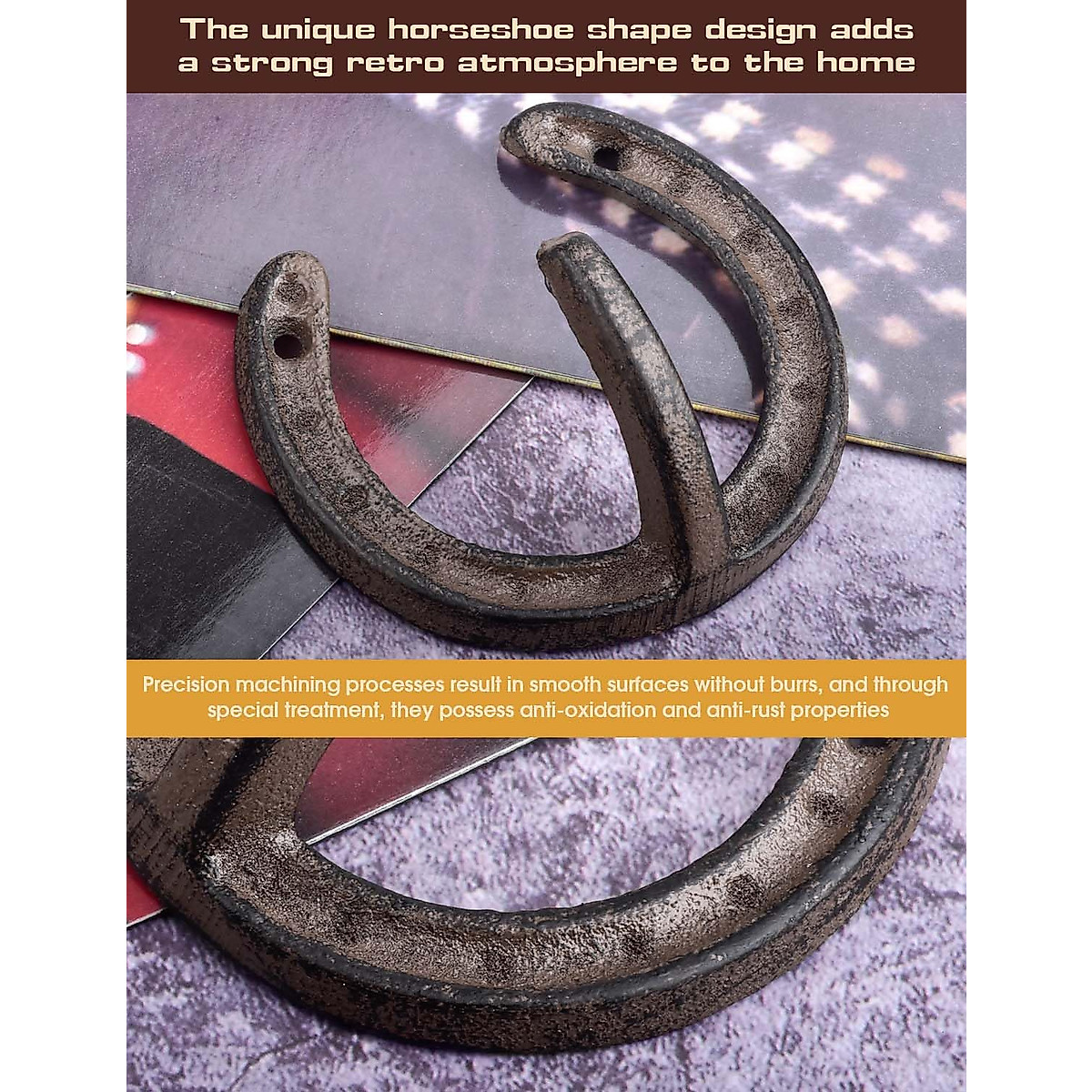 4 PCS Coat Hooks Cast Iron Wall Hooks Horseshoe Hooks Vintage Hanger for Hanging Coat Hat Bags Key Towel(Rust)