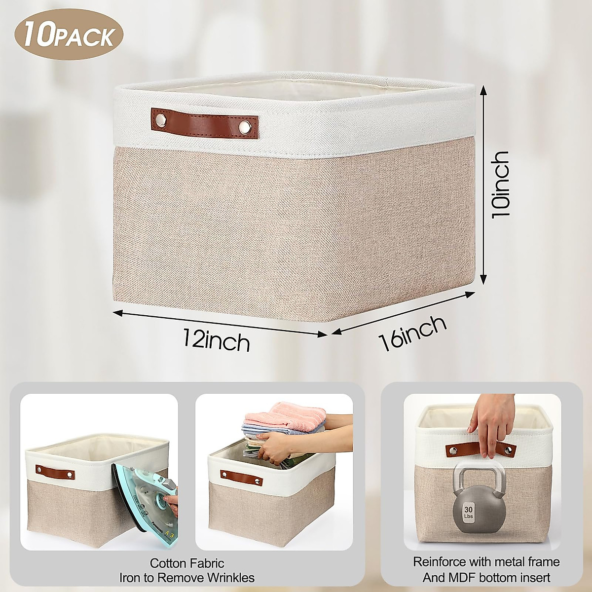Uiifan 10 Pcs Collapsible Storage Bins Fabric Foldable Storage Basket with Handles Cloth Basket Organizer Linen Shelf Baskets for Shelves Home Closet Nursery Toys (Beige and White,16 x 12 x 10 Inch)