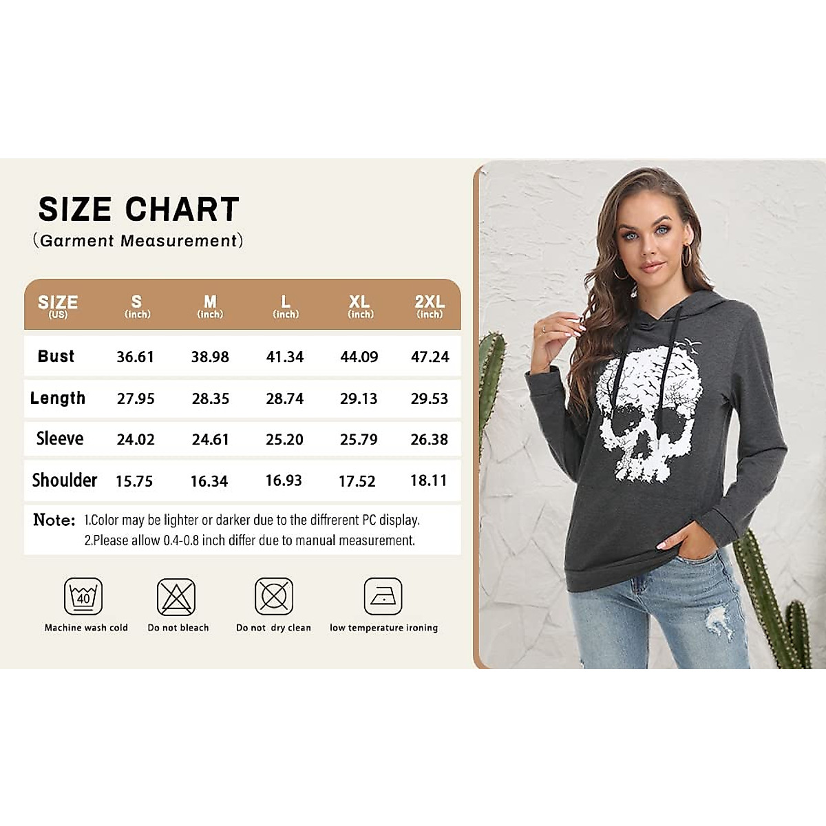 Calvin&Sally Women's Casual Lightweight Hoodies Long Sleeve Skull Graphic Tee Shirts Drawstring Pullover Hoodie Sweatshirts Tops with Pocket (Grey,XL)