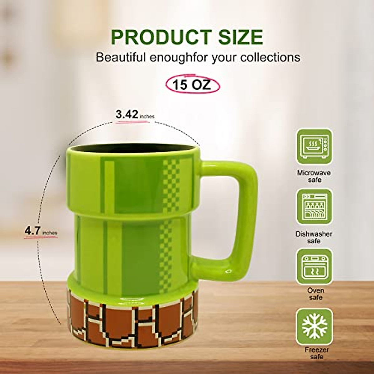 Drtupe Super Mario Warp Pipe Mug Ceramic Coffee Mug Gift for Gamers, Fathers, Coffee Enthusiasts, for Cappuccino, Latte or Hot Tea, 15 Oz, Green