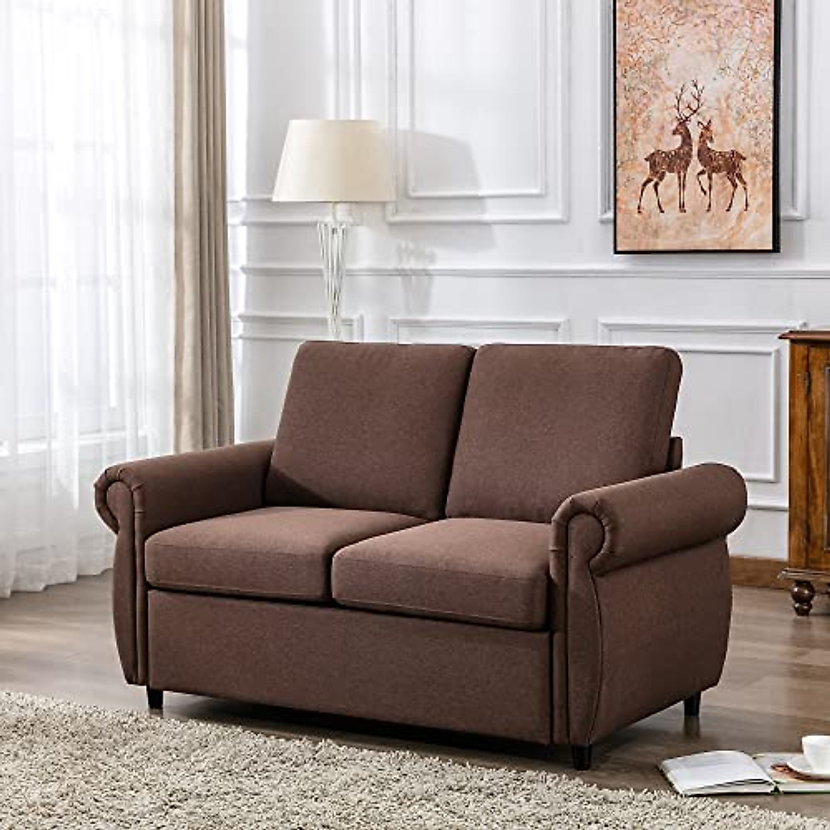 Merax Velvet Sofa Set Convertible Sleeper Sofa,Pull Out Sofa Bed Loveseat Sleeper with Twin Size Memory Mattress for Living Room Spaces,Brown