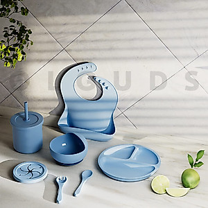 OLGUDS - Silicone Baby Feeding Set - Baby Led Weaning - Toddler Eating Utensils Bib Suction Bowl Divided Plate Sippy Cup - Baby First Stage Solid Food Essentials Dish Set - 6+ Months (Dark Pink)