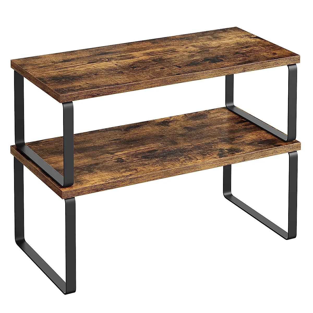 SONGMICS Cabinet Organizer Shelf, Set of 2 Kitchen Counter Shelves, Kitchen Storage, Spice Rack, Stackable, Expandable, Metal and Engineered Wood, Ink Black and Rustic Brown UKCS200X01