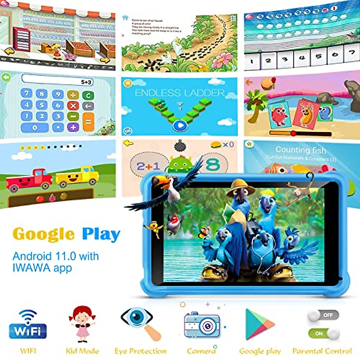 qunyiCO 7 inch Kids Tablet 32GB Android 11 WiFi Camera Bluetooth 2GB RAM HD Touch Screen 1024x600 Kid-Proof Case Parental Control Learning App on Google Certified Playstore Blue