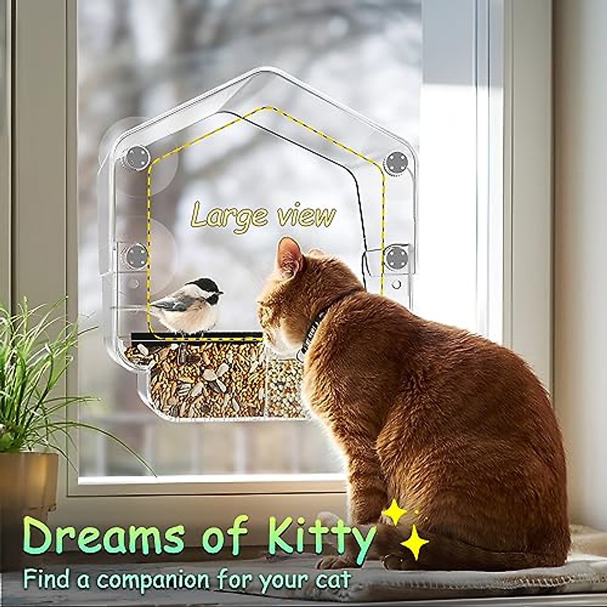 Ermete Window Bird Feeder with Strong Suction Cups, Large View Clear Bird Feeder Window, Adjustable Size Bird Window Feeder with Bird Seed Tray, Rain Proof Window Bird Feeders for Outside (S2)