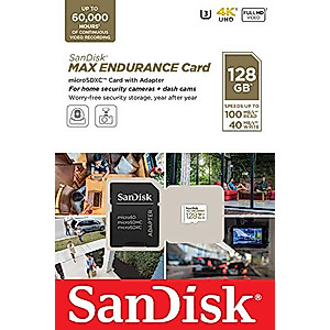 SanDisk 128GB MAX Endurance microSDXC Card with Adapter for Home Security Cameras and Dash cams - C10, U3, V30, 4K UHD, Micro SD Card - SDSQQVR-128G-GN6IA