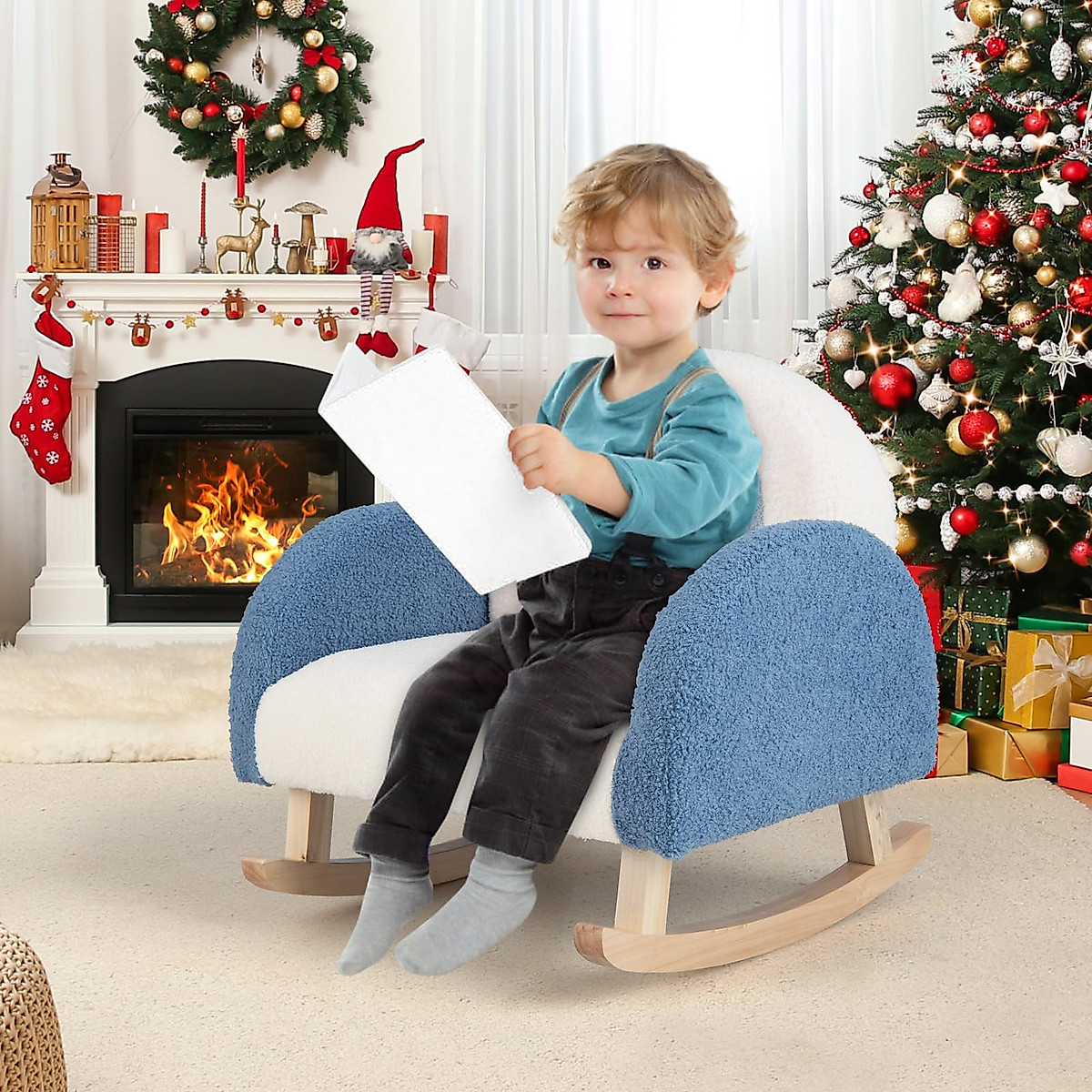 HONEY JOY Toddler Rocking Chair, Kids Rocker Chair with Solid Wood Frame & Plush Fabric, Kids Furniture Sofa w/Anti-Tipping Design, Toddler Couch for Kids Room, Playroom, Nursery, Bedroom (Blue)