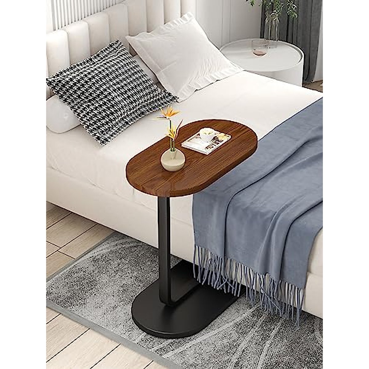 Sofa and Bed Side Table, C Shaped End table Small Coffee Table for Small Spaces, Small Side Table Bedroom Bedside Table, Living Room Wood Couch Tables that Slide Under, 18”L x 12”W (brown+black)