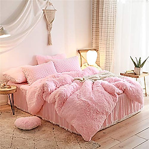 HAIHUA Luxury Plush Shaggy Duvet Cover Flannel Velvet Bedding (1 Faux Fur +2 Pillowcases) Fluffy Comforter Bed Sets 3 Pieces,Zipper Closure (Pink, Queen)