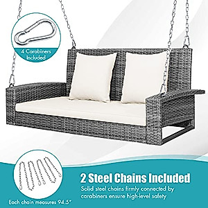 RELAX4LIFE 2-Person Porch Swing Bench - PE Rattan Outdoor Swing Chair with Comfortable Seat & Back Cushions, Rustproof Metal Chains, Patio Loveseat Swing for Balcony, Garden, Yard, 800 LBS (Off White)