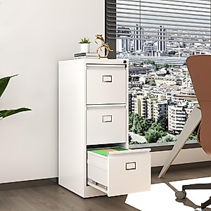 VIYET 3 Drawer File Cabinet, Metal Vertical File Cabinets with Lock for Home Office, Office Steel Filing Cabinet for Hanging Files for A4/ Legal/Letter,Assembly Required (White)