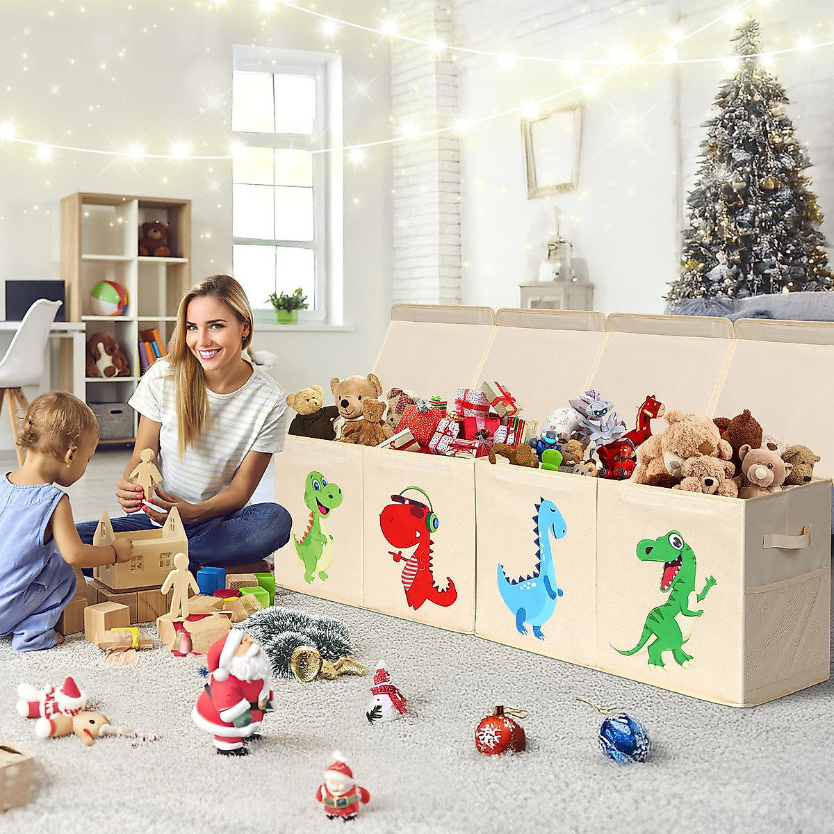 Extra Large Toy Chest for Boys, Collapsible Toy Storage Boxes with Magnetic Lid, Dinosaur Toy Box for Toys, Clothes, Blankets, Books, 51.96"x11.81"x15.75", Beige