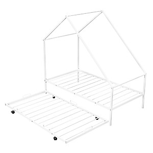 Metal House Bed with Trundle, Montessori Bed Twin Size Platform Bed Frame with Roof, Tent Bed, Modern Style Heavy-Duty Steel Frame Playhouse Bed for Kids Teens Girls Boys (Twin, White)
