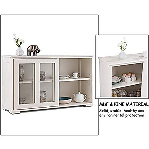 FANTASK Kitchen Storage Cabinet Sideboard, Stackable Buffet w/Height-Adjustable Shelf & 2 Glass Sliding Doors, Accent Console Table for Kitchen Dining Living Room Hallway Office (Cream White)