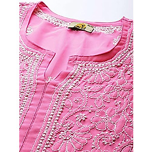 Ada Hand Embroidered Indian Chikankari Traditional Georgette Kurti Kurta Tunic Dress A411221 (L, Pink)