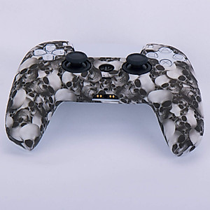 9CDeer 1 Piece of Silicone Transfer Print Protective Thick Cover Skin + 6 Thumb Grips for Playstation 5 / PS5 Controller White Skulls