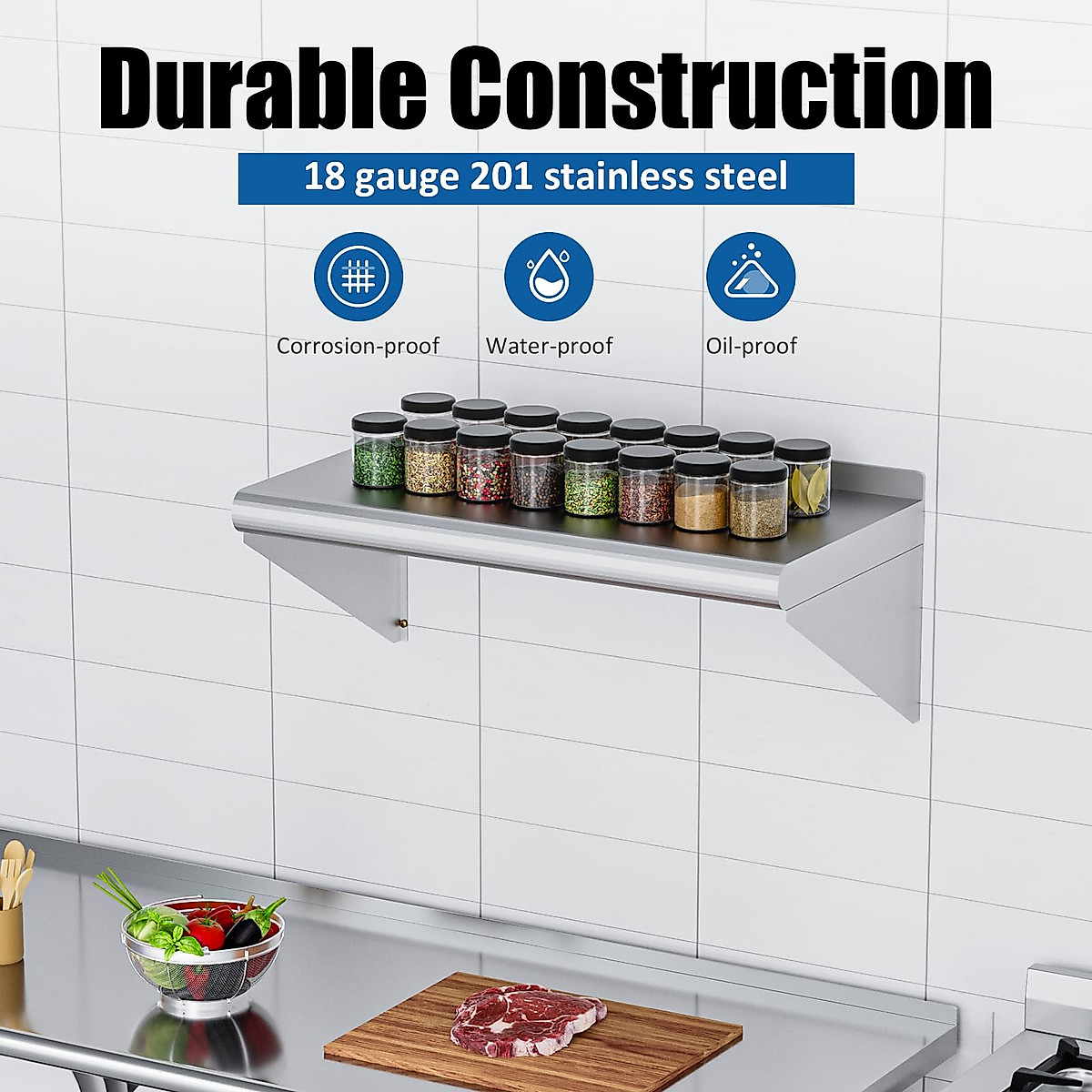 Chingoo Stainless Steel Shelf 12" x 48", 350 lb Wall Mounted Commercial Stainless Steel Shelves Metal Shelving for Restaurant, Bar, Utility Room, Kitchen and Garage