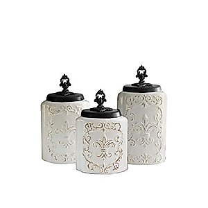 American Atelier White 3-Piece Fleur de Lis Canister Set, 46.0 ounces