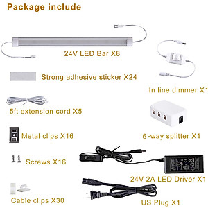 8pcs LED Under Cabinet Lights, Dimmable Kitchen Cabinet Strip Lighting Fixture, Hardwired Under Counter Lighting for Cupboard, Showcase, Shelf, 12in 24V DC(Warm White)