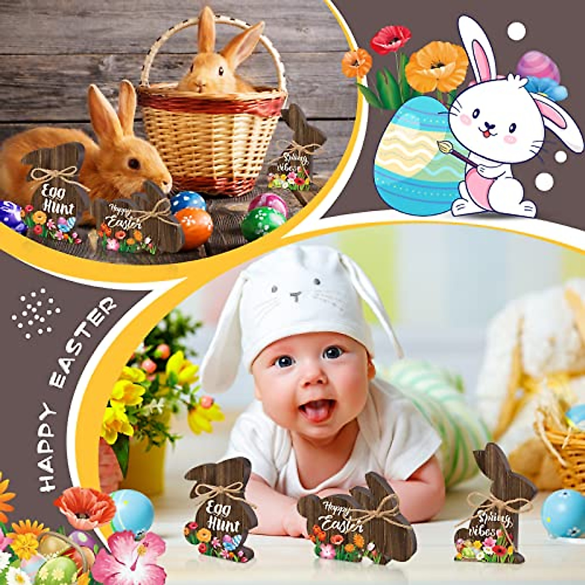 4 Pcs Easter Table Decorations Easter Bunny Signs Wooden Bunny Decor Easter Word Sign Rustic Farmhouse Rabbit Tiered Tray Decor Spring Sign for Home Party Decoration (Flower Bunny Style)