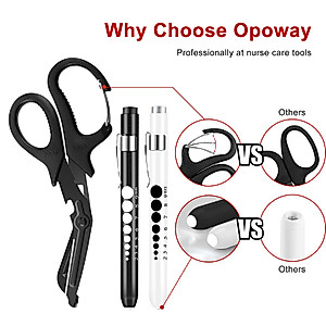 3 Pack Penlight and Medical Scissors for Nurses, Two LED Pen Light with Pupil Gauge and One 7.5 Inches Trauma Shears with Carabiner for Nurse Doctor EMT First Aid （Including Four Batteries)