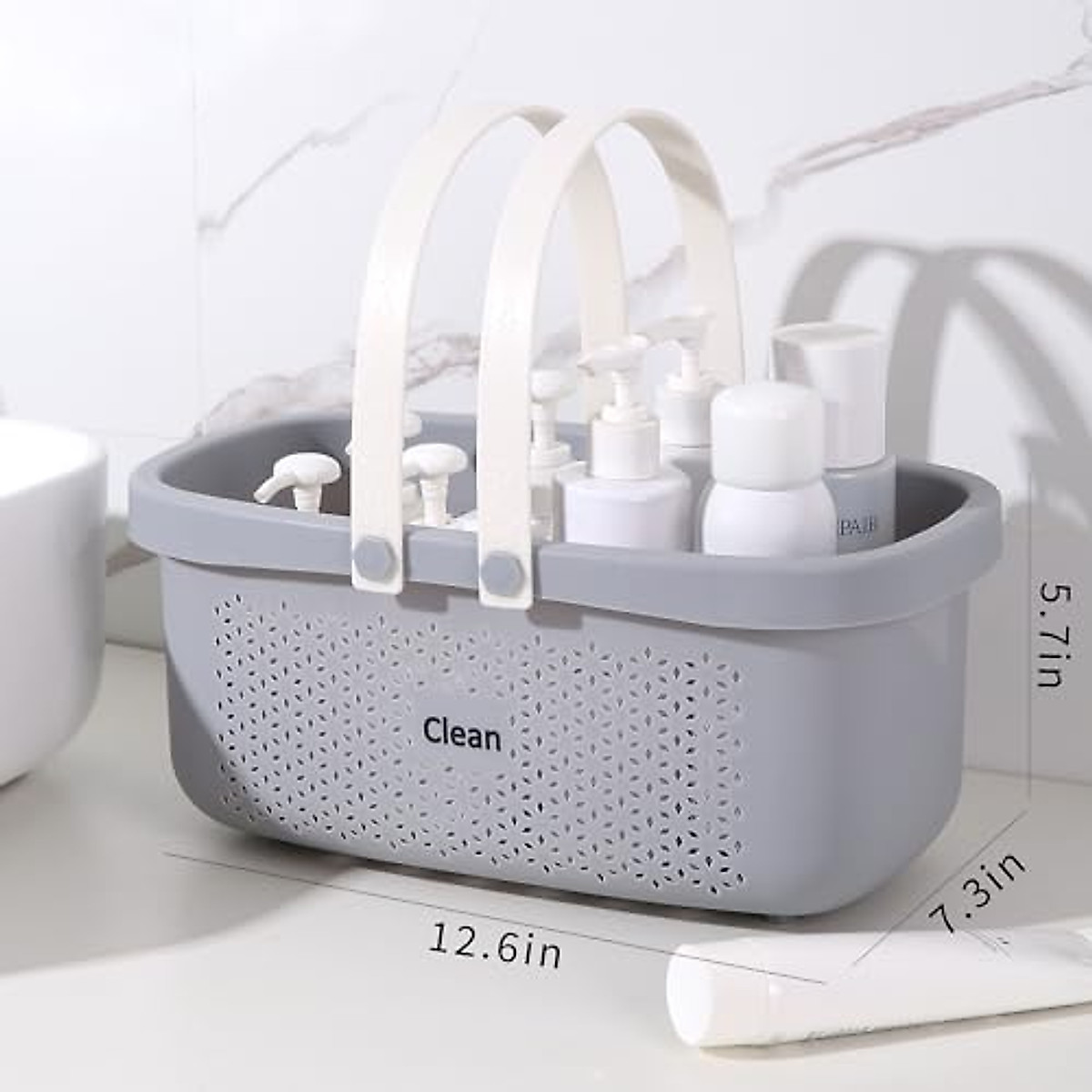 HAPPY MOTTE Plastic Portable Shower Caddy Basket, Bathroom Shower Caddy Tote With Handle For Collage Dorm Camp Travel -Grey