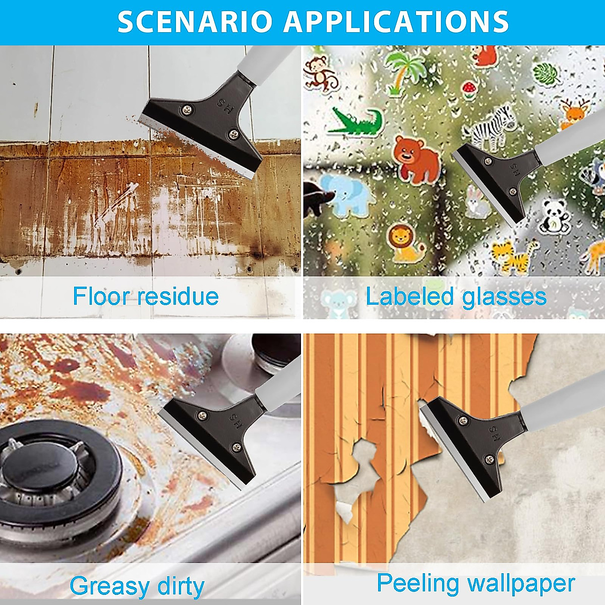 Floor Scraper, Scraper Tool Long Handle Adjustable 31" to 61" with 4-inch Razor Blade Stainless Steel Material Cleaning Glass Wall Gum Paint Tile Glue Linoleum Carpet Sturdy Durable