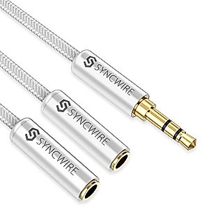 Syncwire Headphone Splitter, Nylon-Braided 3.5mm Extension Cable Audio Stereo Y Splitter (Hi-Fi Sound), 3.5mm Male to 2 Ports 3.5mm Female Headset Splitter for Apple, Samsung & More - Silver