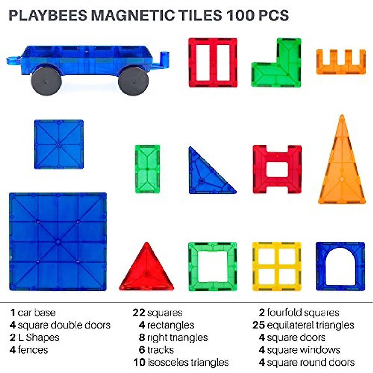 Playbees 100 Piece Magnetic Building Tiles Set, Clear Vivid Colors and Shapes, 3D Magnet Building Blocks for Kids, Toddlers, Stem Educational Learning Development Toy, Creativity Beyond Imagination