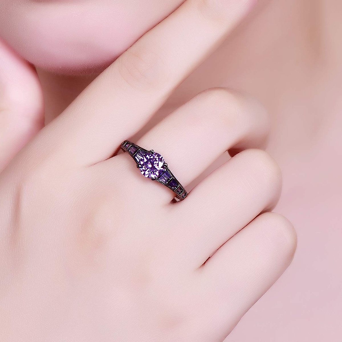 Narica Black Gold Plated Women's Antique Ring Retro Oxidized Finished Round Cut Created Amethyst CZ Cubic Zirconia Filled Engagement Promise Wedding Vintage Band for Mom Lover 8#