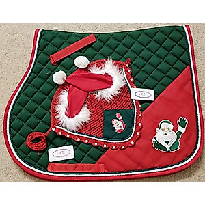 Lift Sports Horse Christmas Santa Claus Saddle PAD Set with Matching Fly Bonnet Ear NET Cotton Hand Made Crochet Fly Veil Hood MASK Equestrian Shows Breathable Cotton (Full/Horse)