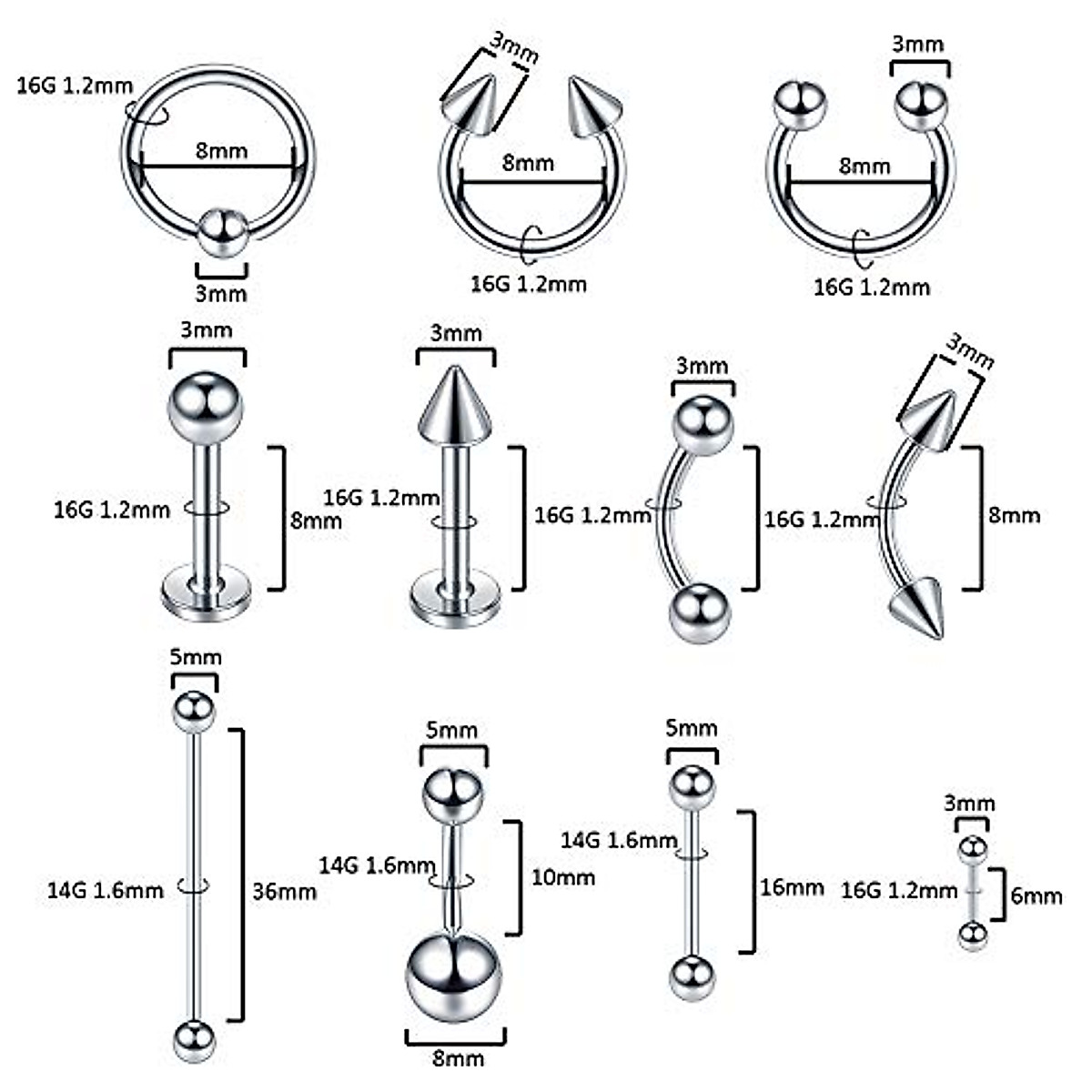 Xpircn 140PCS Piercing Kit Stainless Steel 14G 16G Nose Lip Tongue Tragus Daith Eyebrow Industrial Barbell Belly Button Rings Body Piercing Tools (Silver)