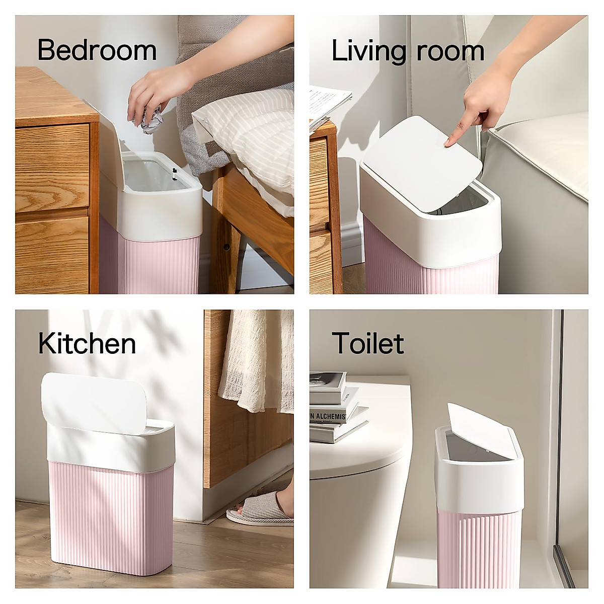 ABEETE Bathroom Trash Can with Lid, 12L Small Plastic Garbage Can for Kitchen with Press Top Lid, 3.2 Gallon Slim Dog Proof Wastebasket Trash Bin for Office, Bedroom, Living Room, Home Cabinet-Pink