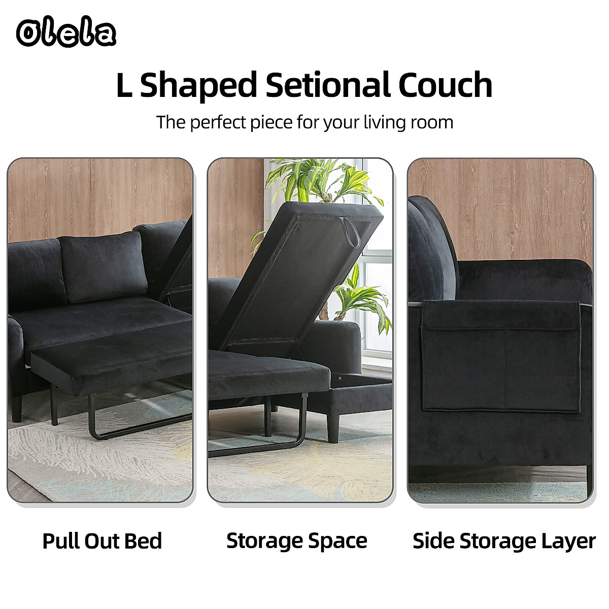Olela Pull Out Sleeper Sofa Couch,Velvet Convertible Sofa Bed L Shape Sectional Sofa with Storage Chaise and Pocket for Living Room (Black), (convertible sofa bed-1)
