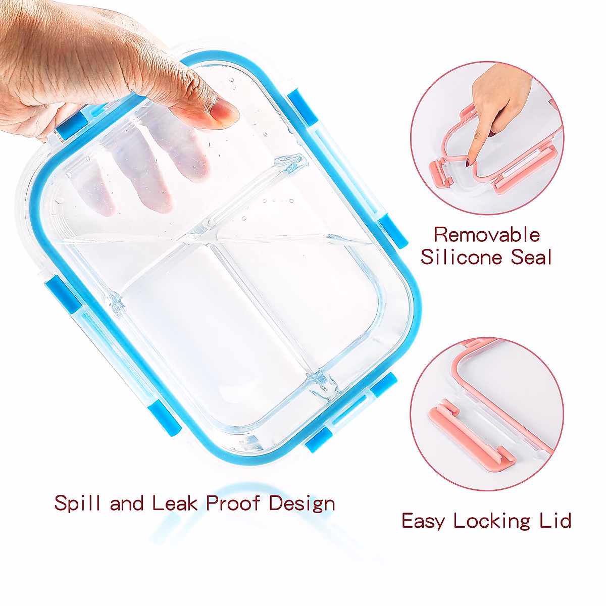 Glass Food Storage Containers 3 Compartment with Lids (5 Pack, 34oz), Divided Glass Meal Prep Containers for Lunch at Work, Leak-Proof Portion Control Food Containers, Microwave/Dishwasher Safe