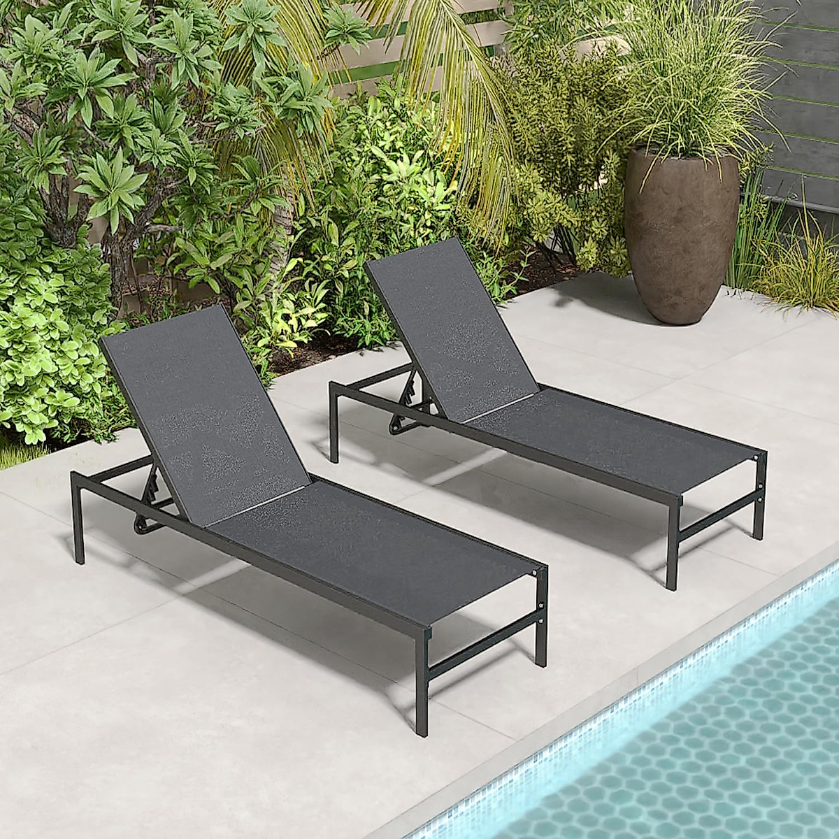 Yoneesn Pool Lounge Chair, Aluminum Outdoor Lounge Chair Set of 2 with Adjustable 5-Position Recliner and Lay Flat Patio Chaise Lounge for Patio, Beach, Pool... (L80.7 x W28.1 x H15)