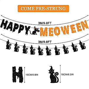 JKQ Black Orange Glittery Happy Meoween Banner with Spooky Black Cat Signs Halloween Witch Cats Banner Halloween Haunted House Party Fireplace Mantle Decorations Supplies