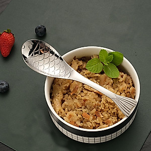 Pinenjoy 4Pcs Silver Fish Spoon 18/10(304) Stainless Steel Asian Soup Spoon Short Handle Spoon for Porridge Cereal Rice