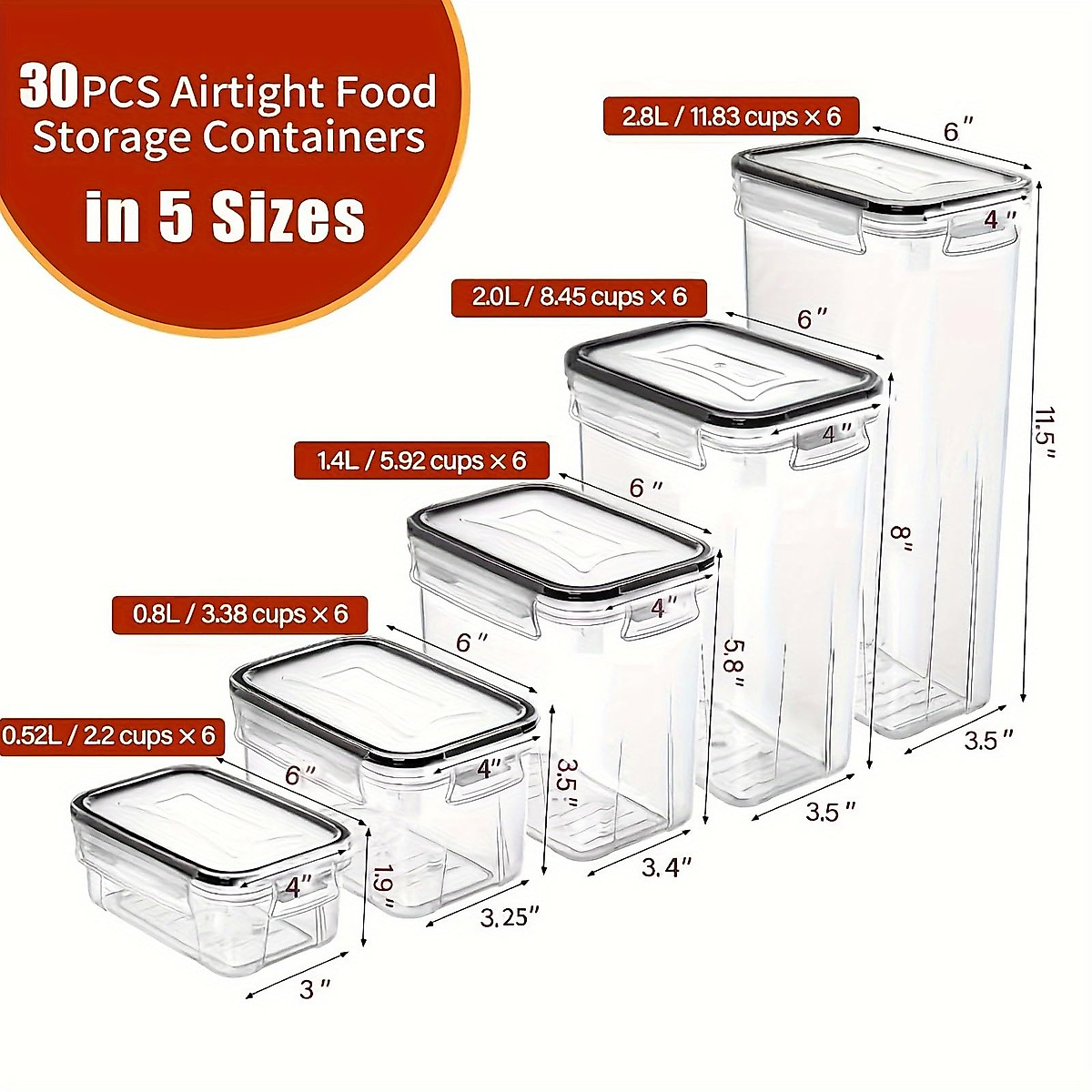 30 Pack Airtight Food Storage Containers for Kitchen Pantry Organizers and Storage, Plastic Kitchen Storage Canisters with Lids,Cereal, Flour & Sugar Containers - Labels, 6 Spoon & Marker