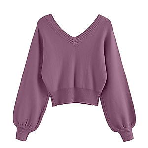 ZAFUL Women's Cropped Sweater V-Neck Long Sleeve Crop Sweater Pullover Jumper Knit Top (1-Red Violet, S)