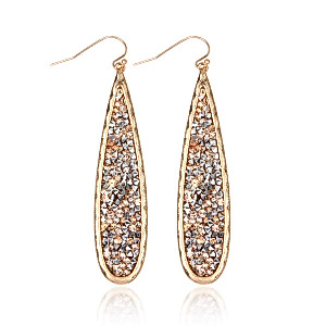 Glitter Rhinestone Statement Drop Earrings - Sparkly Crystal Geometric Metal Hook Dangles Vertical Bar, Elongated Teardrop, Shield Disc (Encrusted Jewel - Teardrop Champagne/Gold)