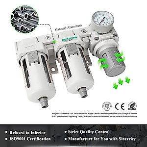1/2" NPT Air Dryer System, 5 Micron Particulate Filter, 0.5＆0.01 Micron Coalescing Filters, Air Pressure Regulator Combo, 0-150 psi Gauge, Semi-Auto Drain, Poly Bowl, Metal Bracket