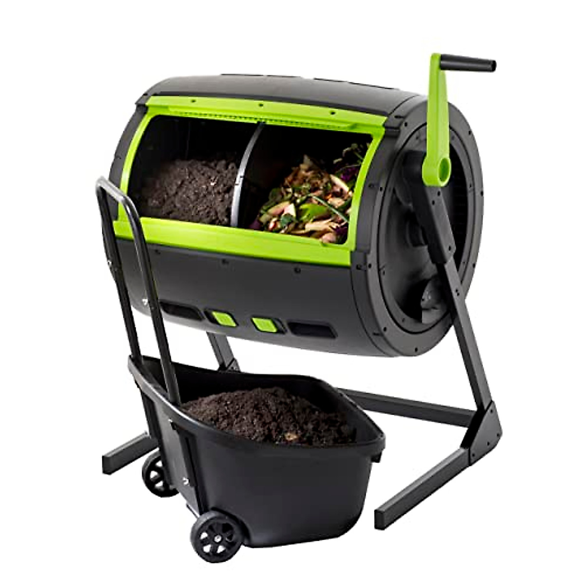 Maze 65 Gallon Dual Chamber Compost Tumbler with Large Double Door and Open Base and Comes with Maze Compost Cart