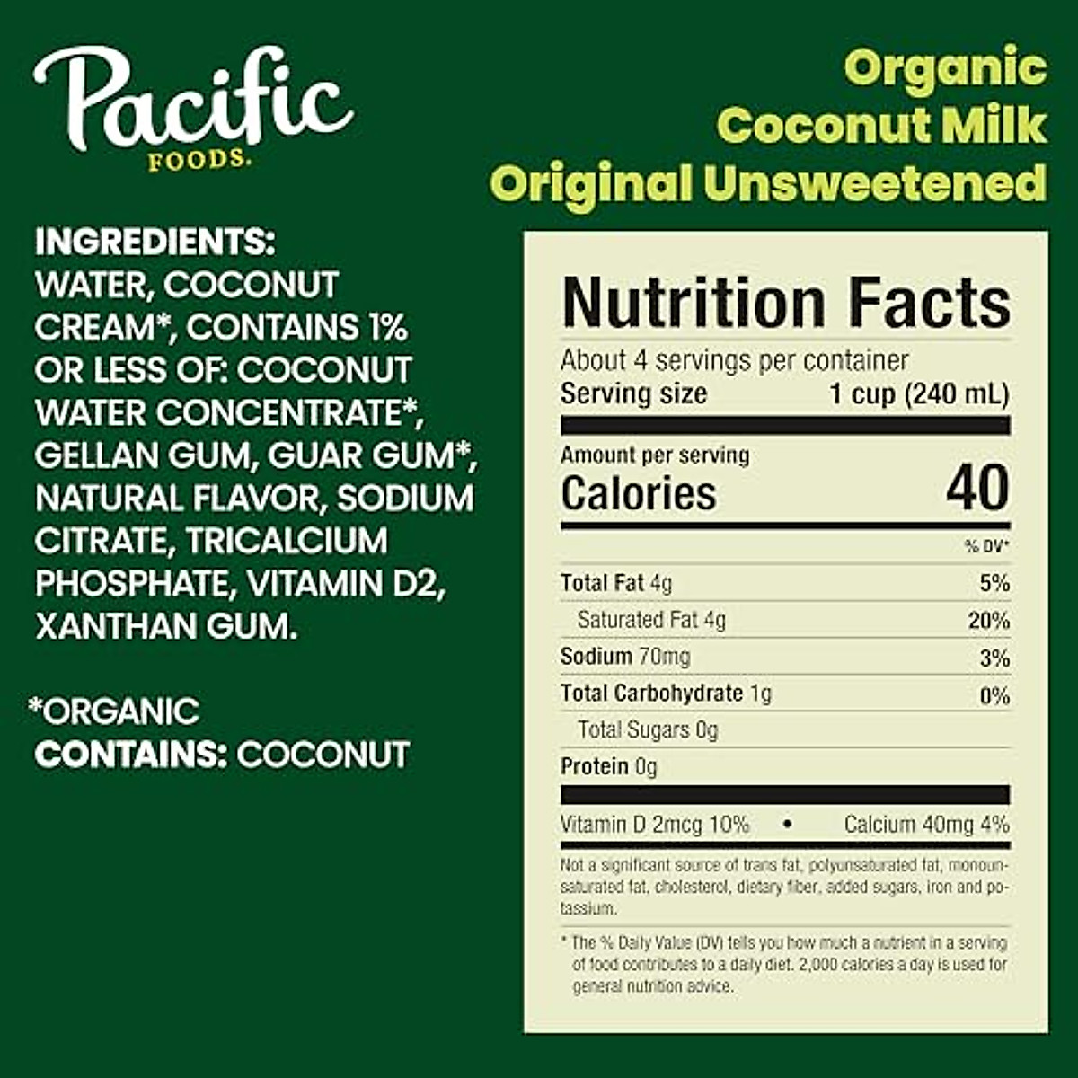 Pacific Foods Organic Unsweetened Coconut Milk, Plant Based Milk, 32 oz Carton (12 Pack)