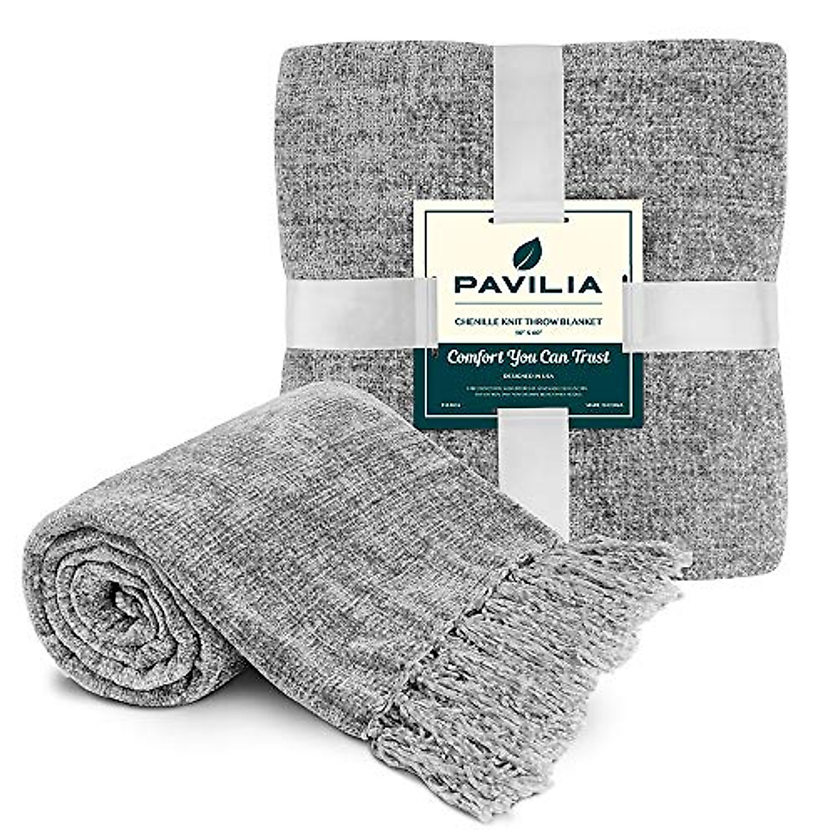 PAVILIA Chenille Tassel Fringe Throw Blanket | Velvety Textured Decorative Knit Throw for Sofa Couch Bed | Soft Boho Woven Cozy Lightweight Knitted Throw | Light Grey 50 x 60 Inches